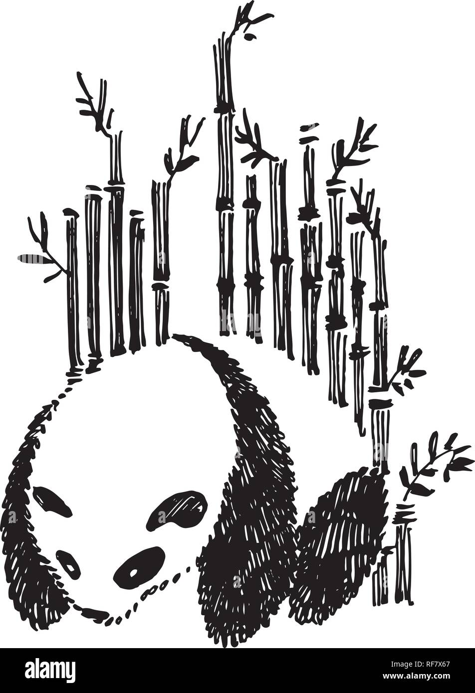 Cute panda in graphic style with bamboo. Vector hand drawn illustration ...
