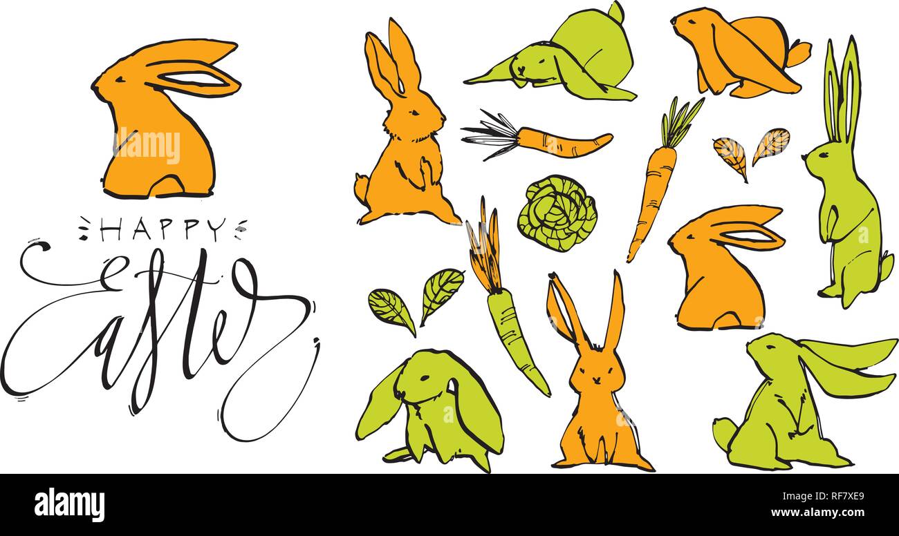 Collection of some cute rabbits, hand draw illustration. Draw vector ...