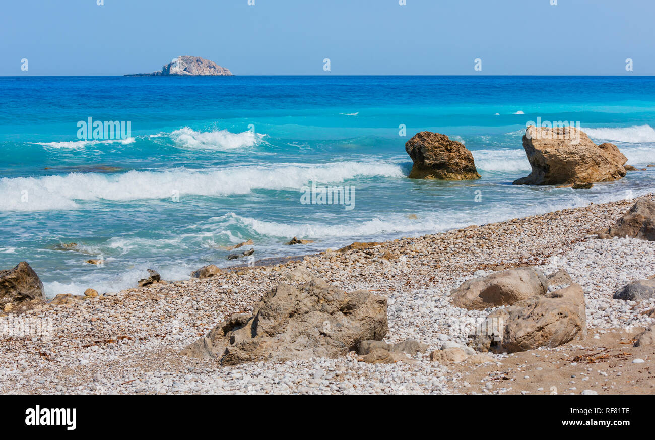 Beautiful summer Lefkada coast stony beach, Greece, Ionian Sea Stock ...