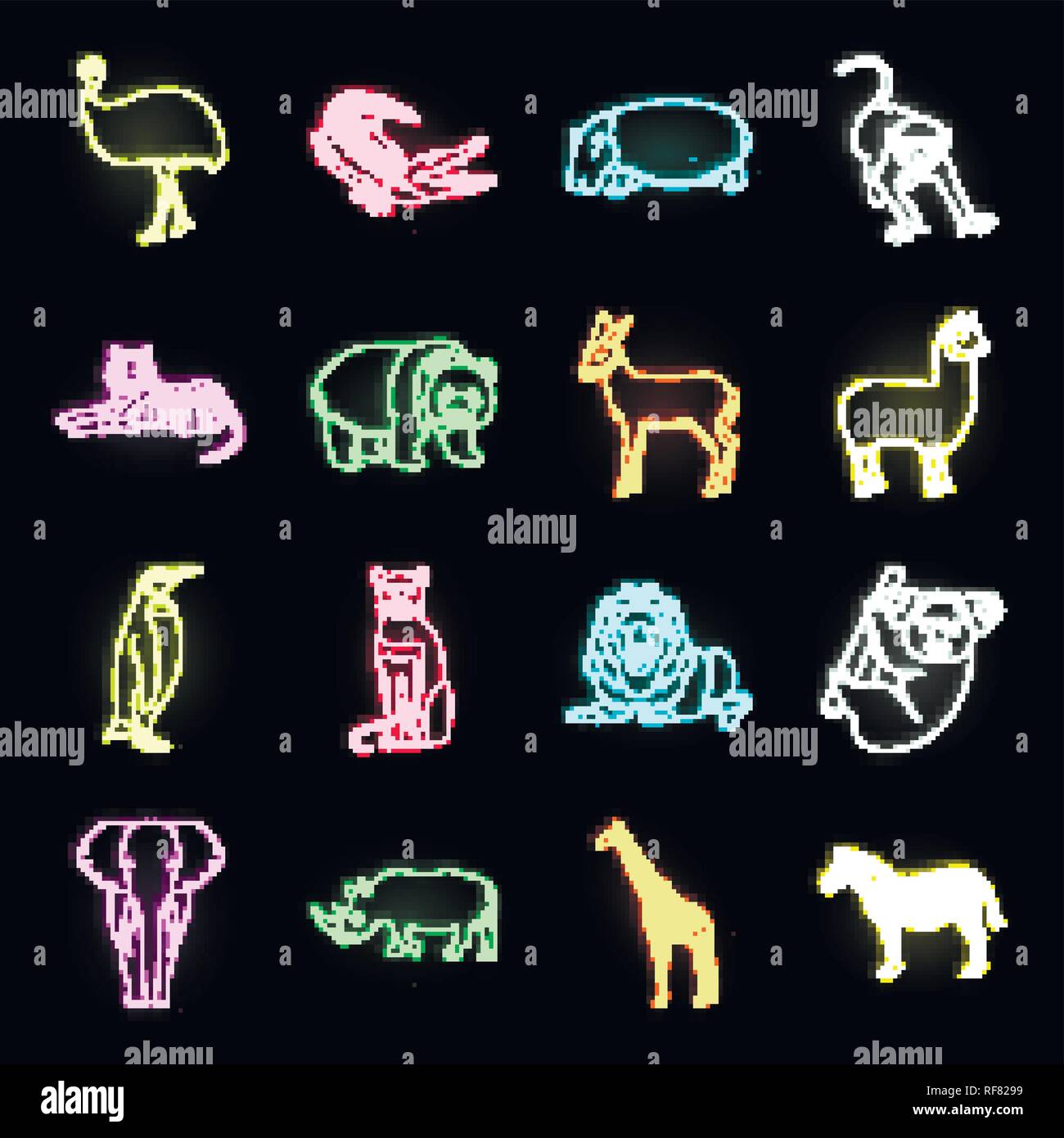 Different animals neon icons in set collection for design. Bird ...