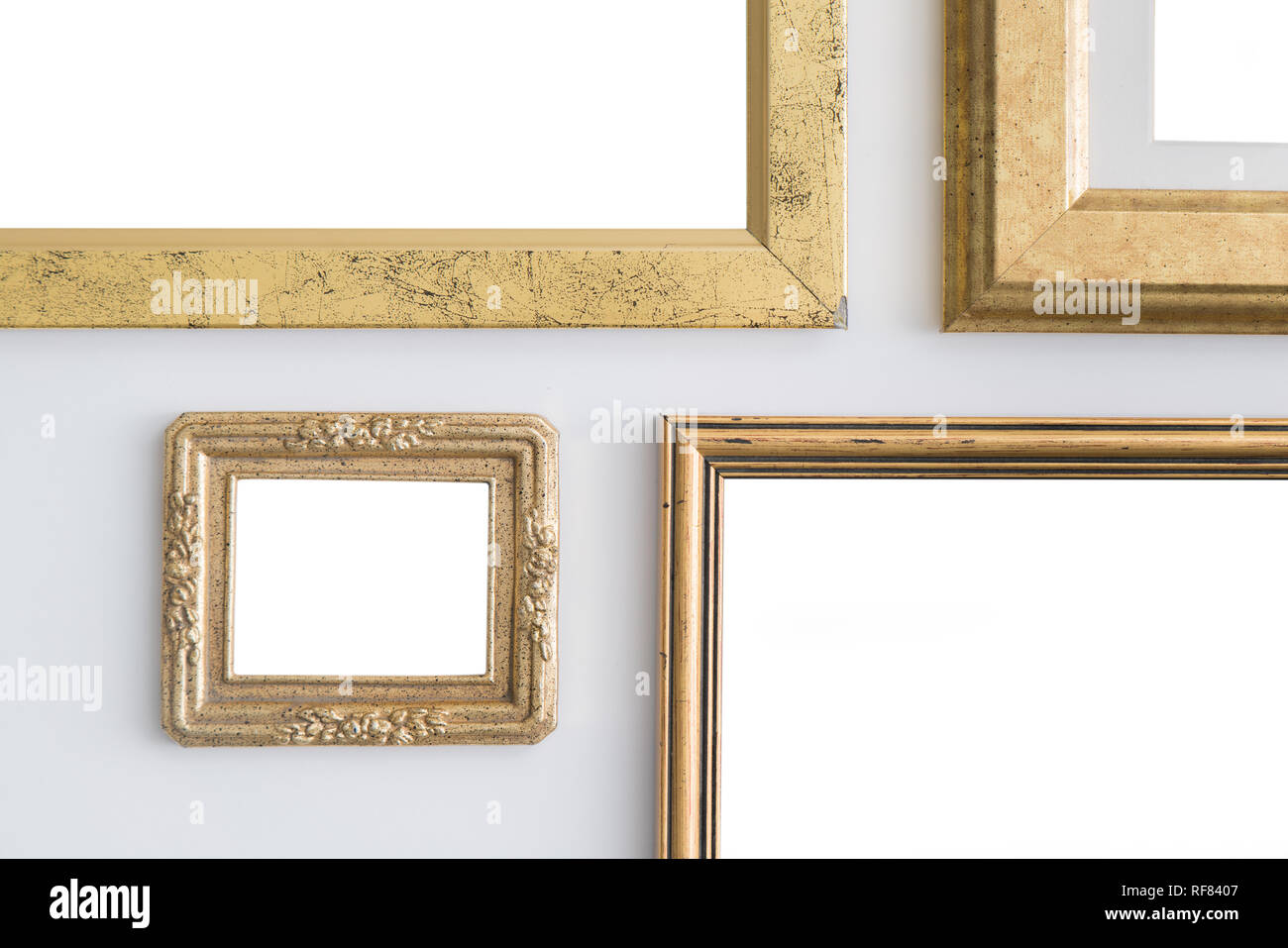 Blank empty golden frames on white background. Art gallery, museum ...