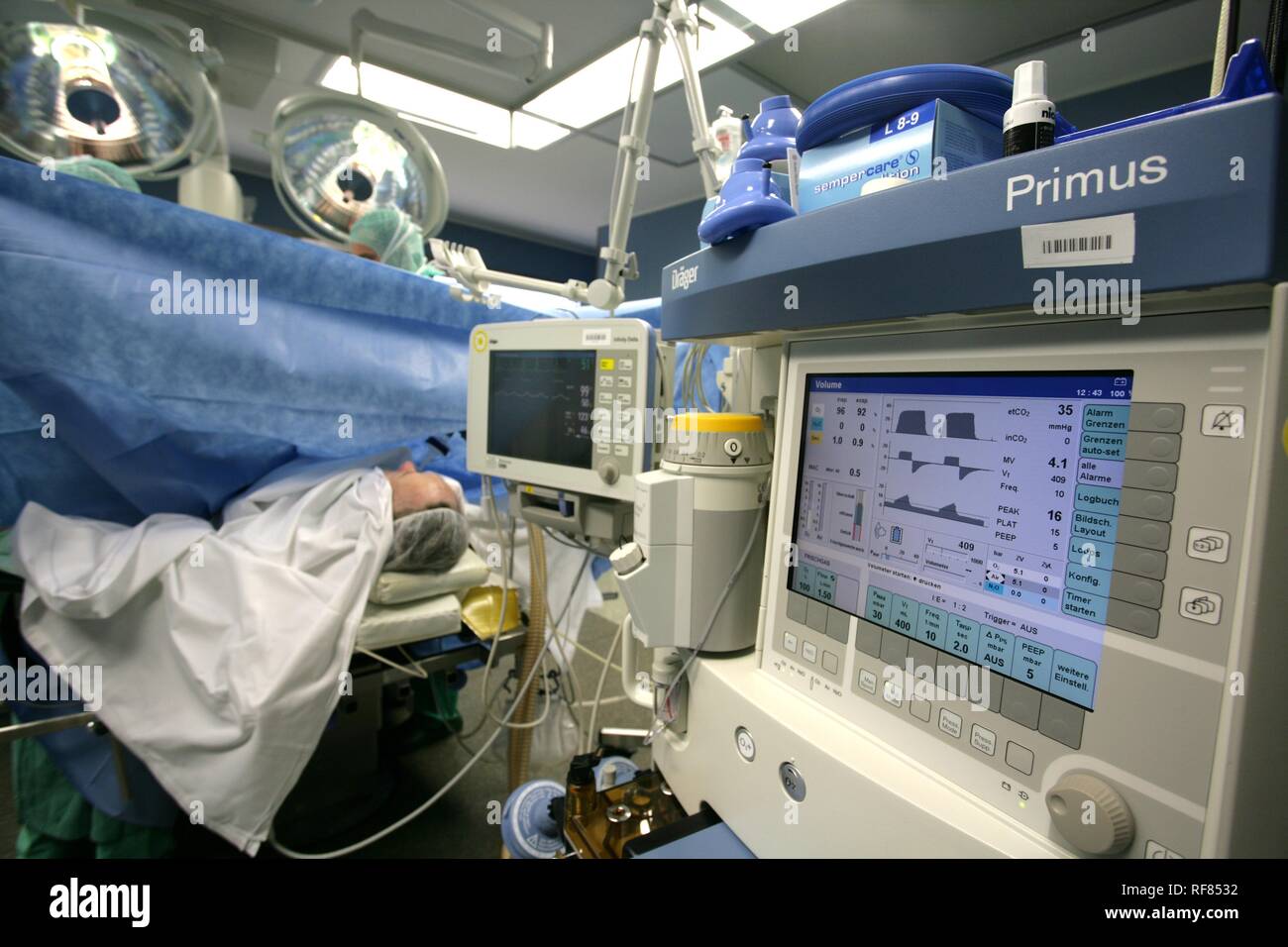 Patient during operation, artificial respiration, monitoring of vital ...