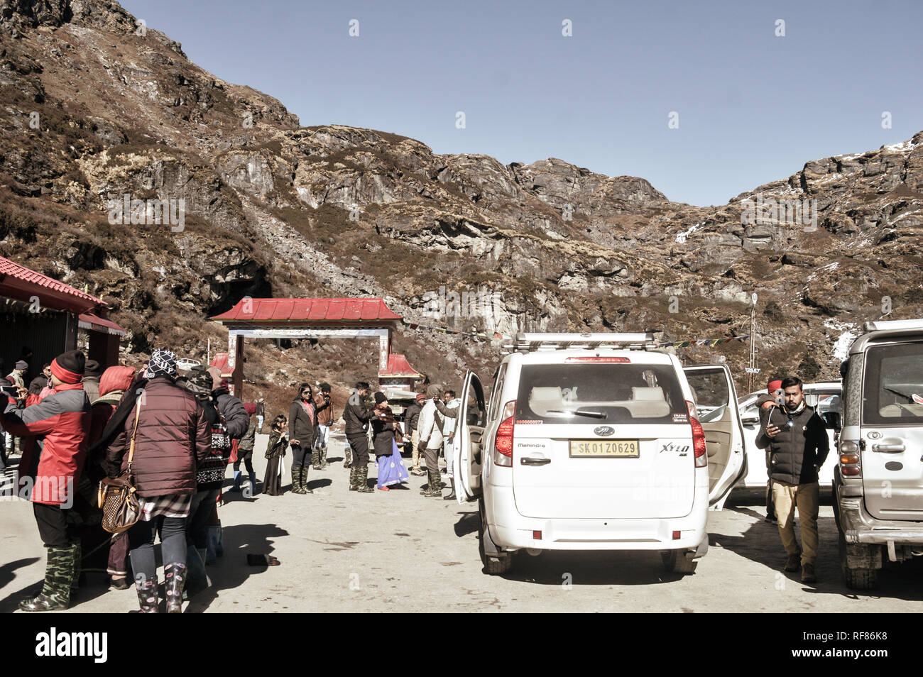 Baba Mandir, Sikkim, India, Asia, January 2019: Tourists group walking ...
