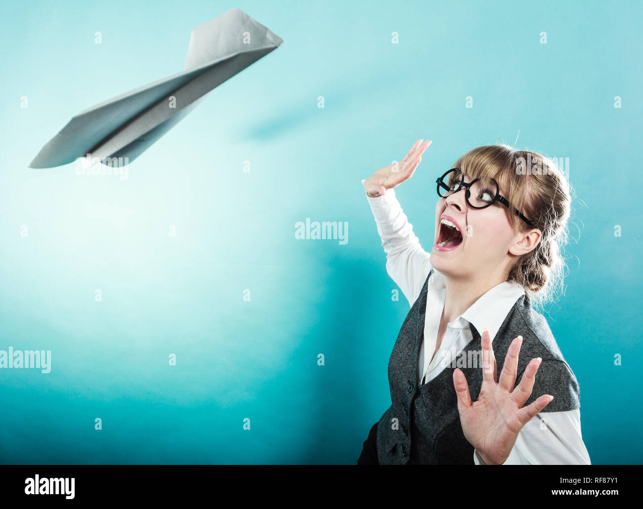 Fly fear metaphor, aerophobia concept. Scared business woman looking ...