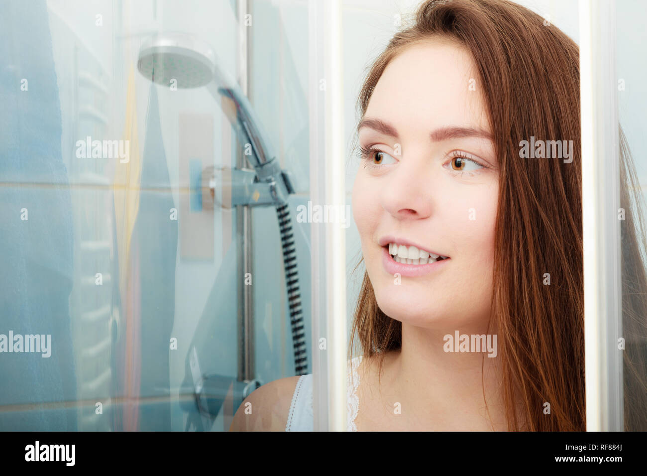 Girl Showering In Shower Cabin Cubicle Enclosure Young Woman Taking