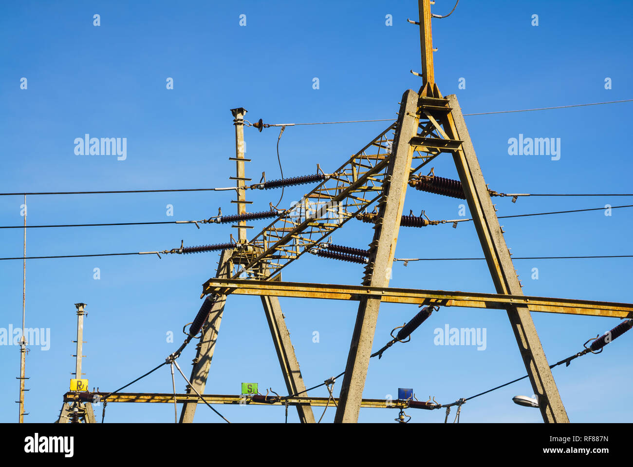 Railway electrification system. Overhead line wire over rail track. Power lines Stock Photo - Alamy