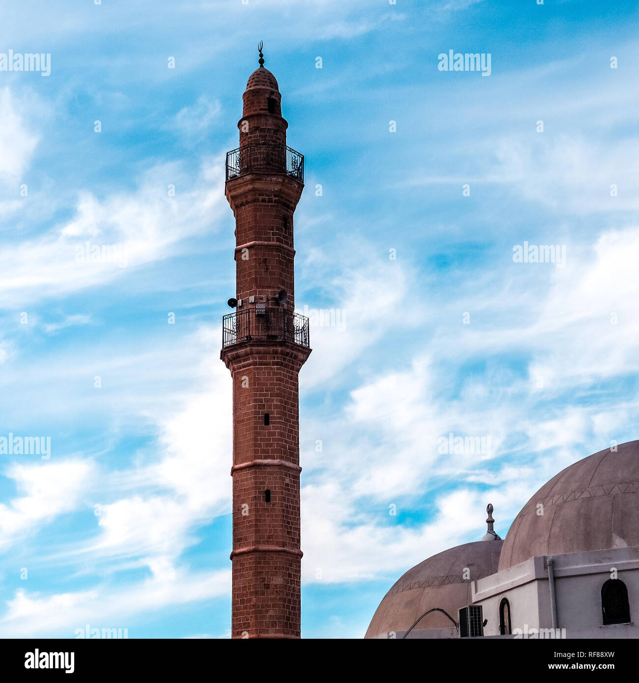 Tower of Bahr Mosque or Sea Mosque in Old city of Jaffa, Israel. It is ...