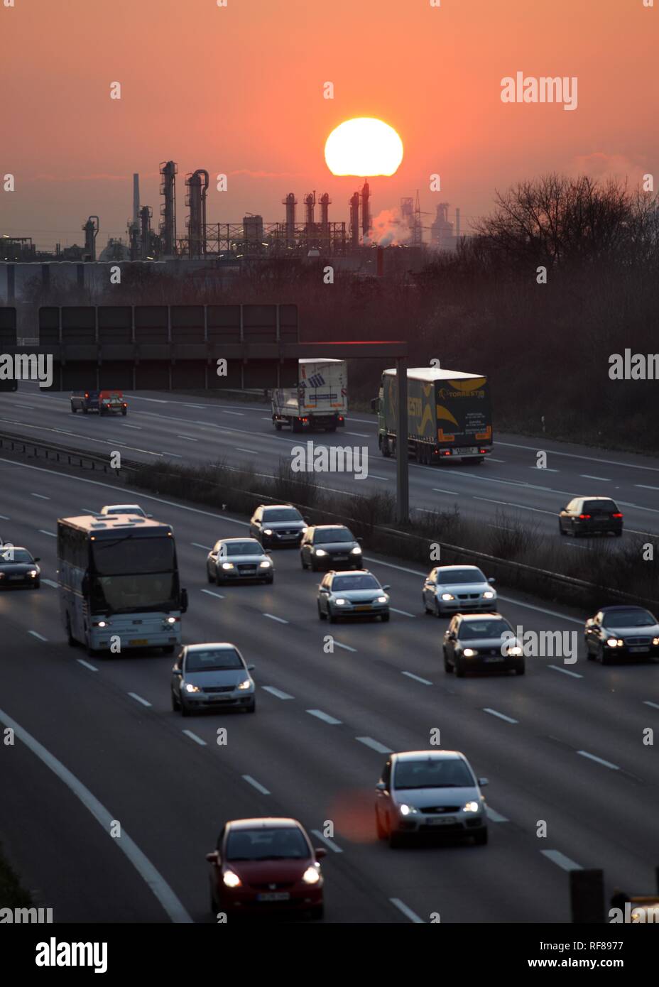A3 Autobahn (motorway) near Oberhausen-Holten at sunset, OXEA ...