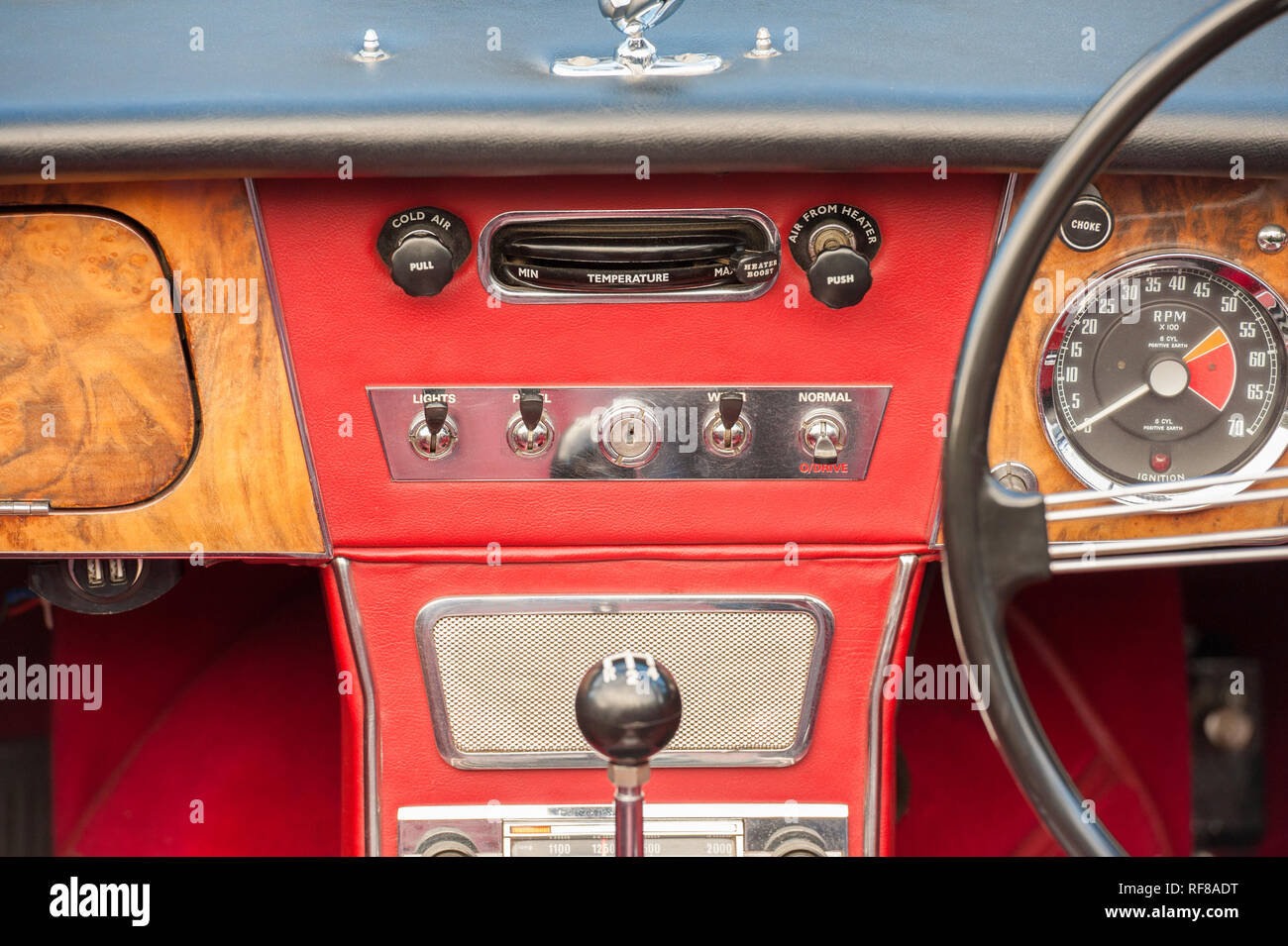 close-up of the dashboard and steering wheel of a vintage British ...
