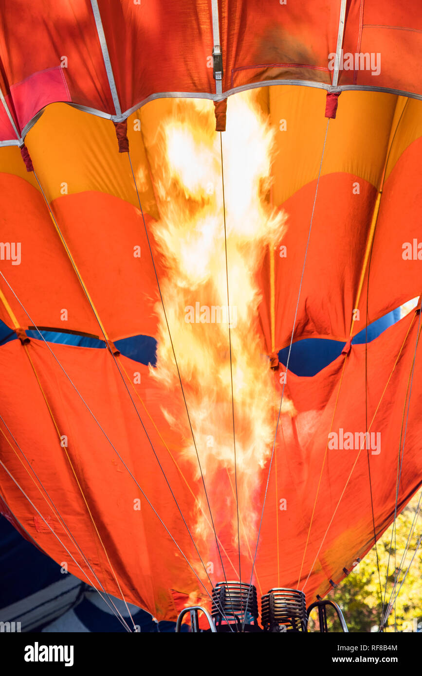 Hot air balloon. Aerostat with bright burning fire flame fuelled by gas ...