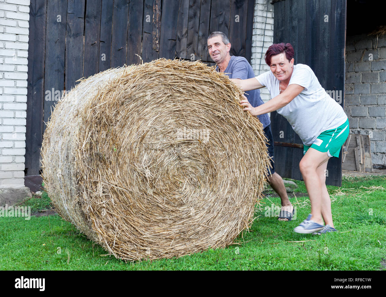 A smiling couples pushing hard the haystack and having fun by the ...