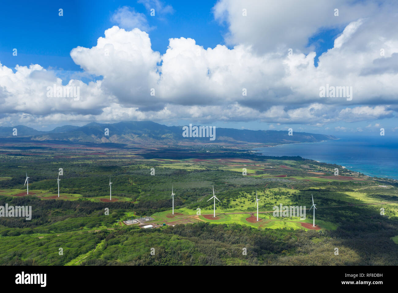 aerial view of Wind generator turbine in hawaii from helicopter Stock ...