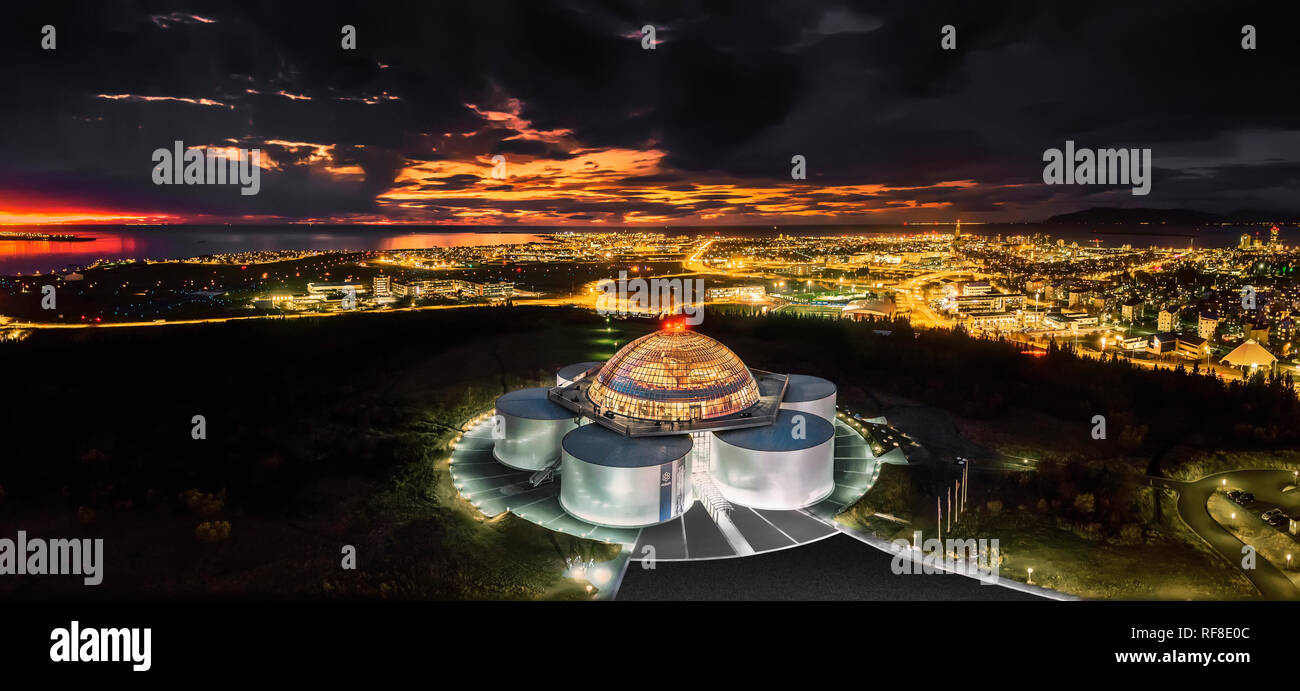 Perlan Museum (The Pearl) Reykjavik, Iceland. Perlan exhibits Icelandic ...