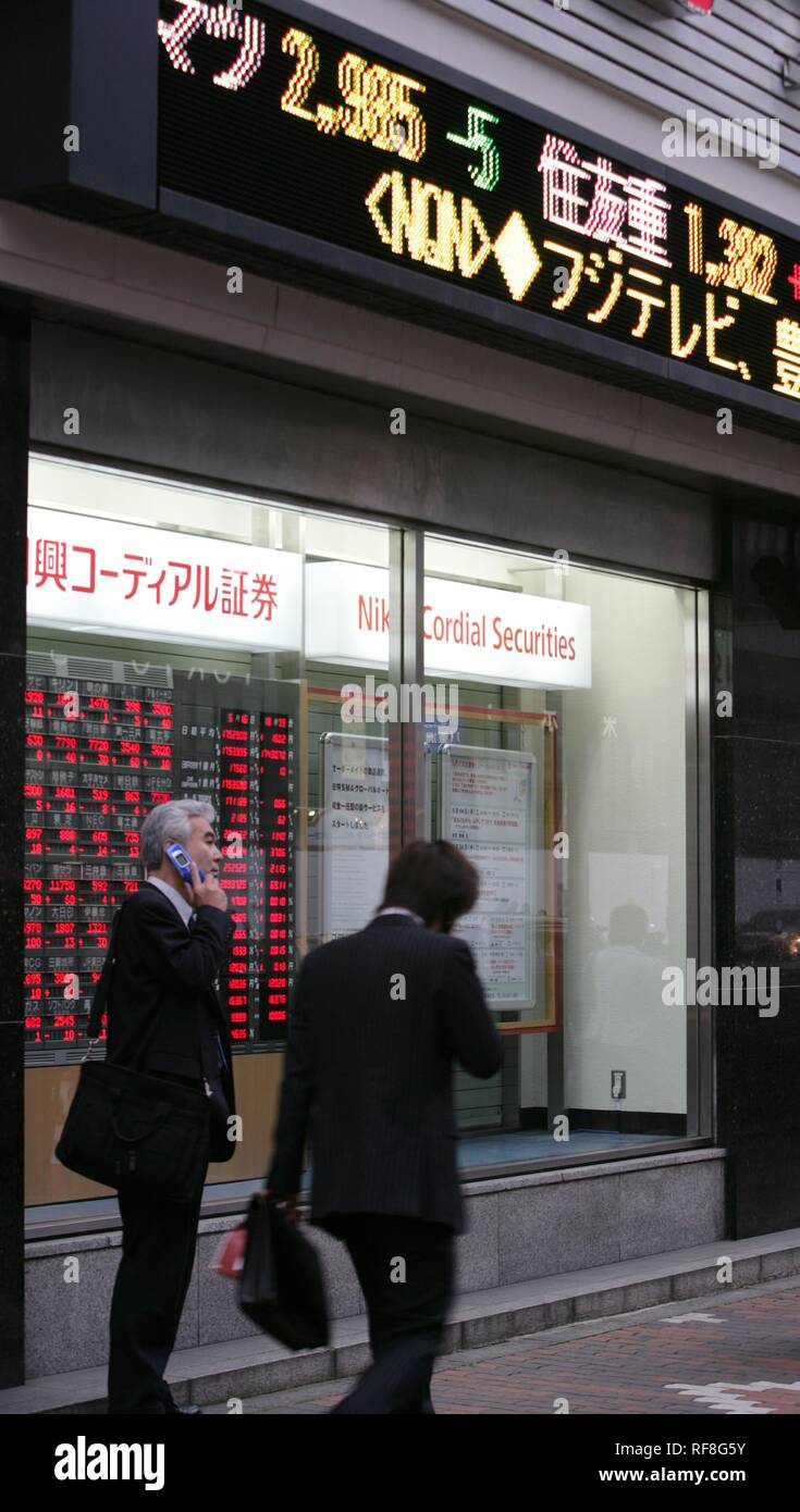 Stock exchange information displays at a bank in the Nihombashi ...