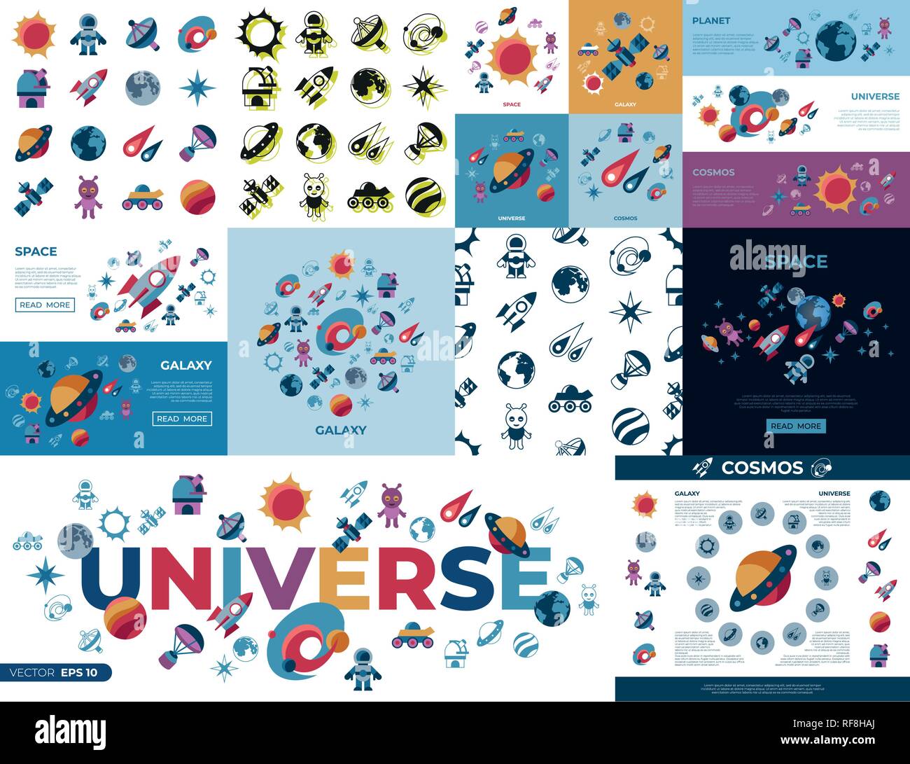 Digital vector space galaxy and universe icons set, flat style ...