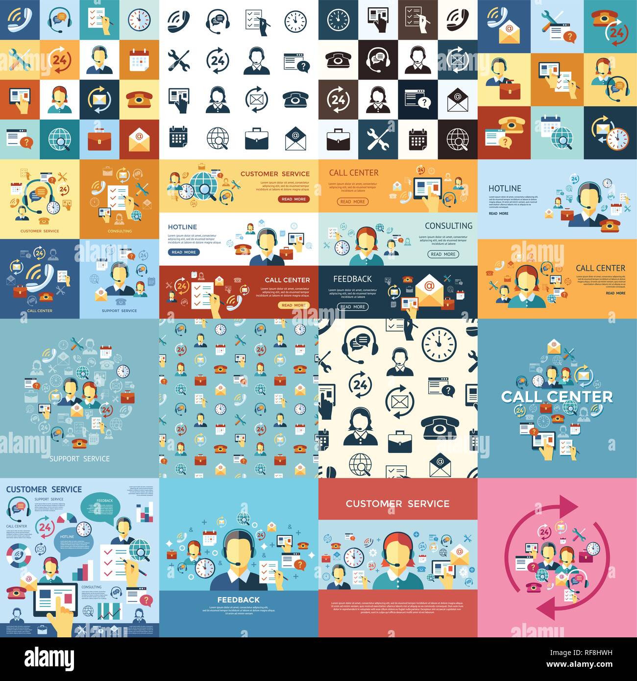 Digital call center and customer support objects color simple flat icon ...