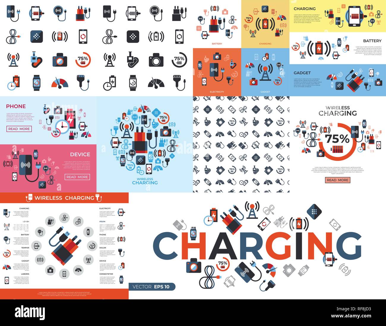 Digital vector wireless charging icons set with drawn simple line art ...
