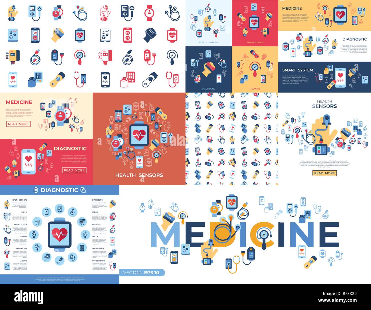 Digital vector health sensor icons set with drawn simple line art info ...