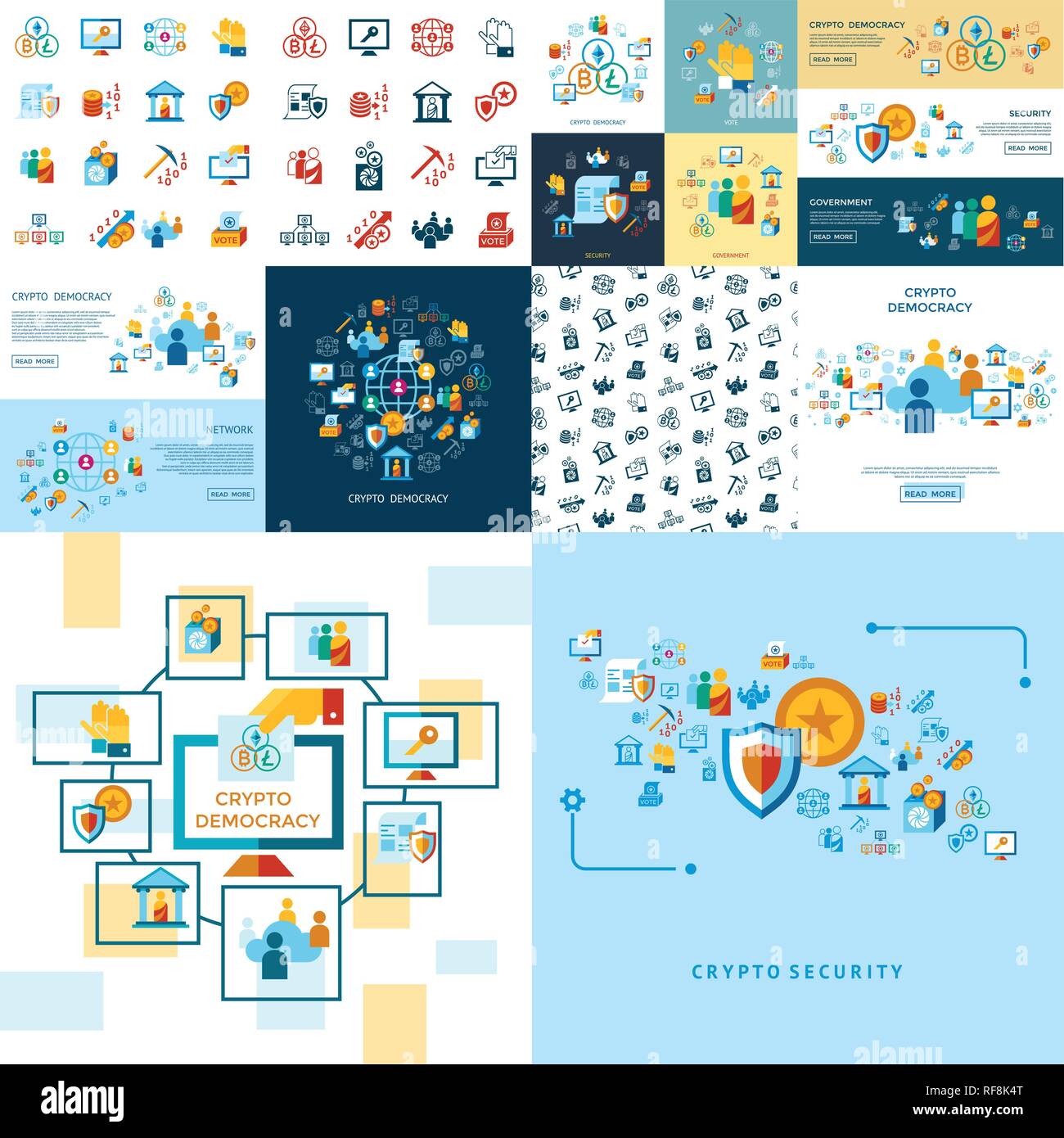 Digital vector crypto democracy and security icons set infographics ...