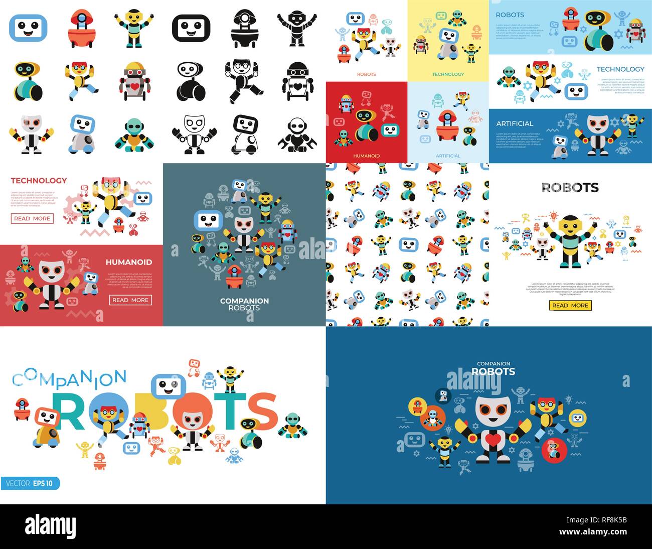 Digital vector companion robots icons set with drawn simple line art ...