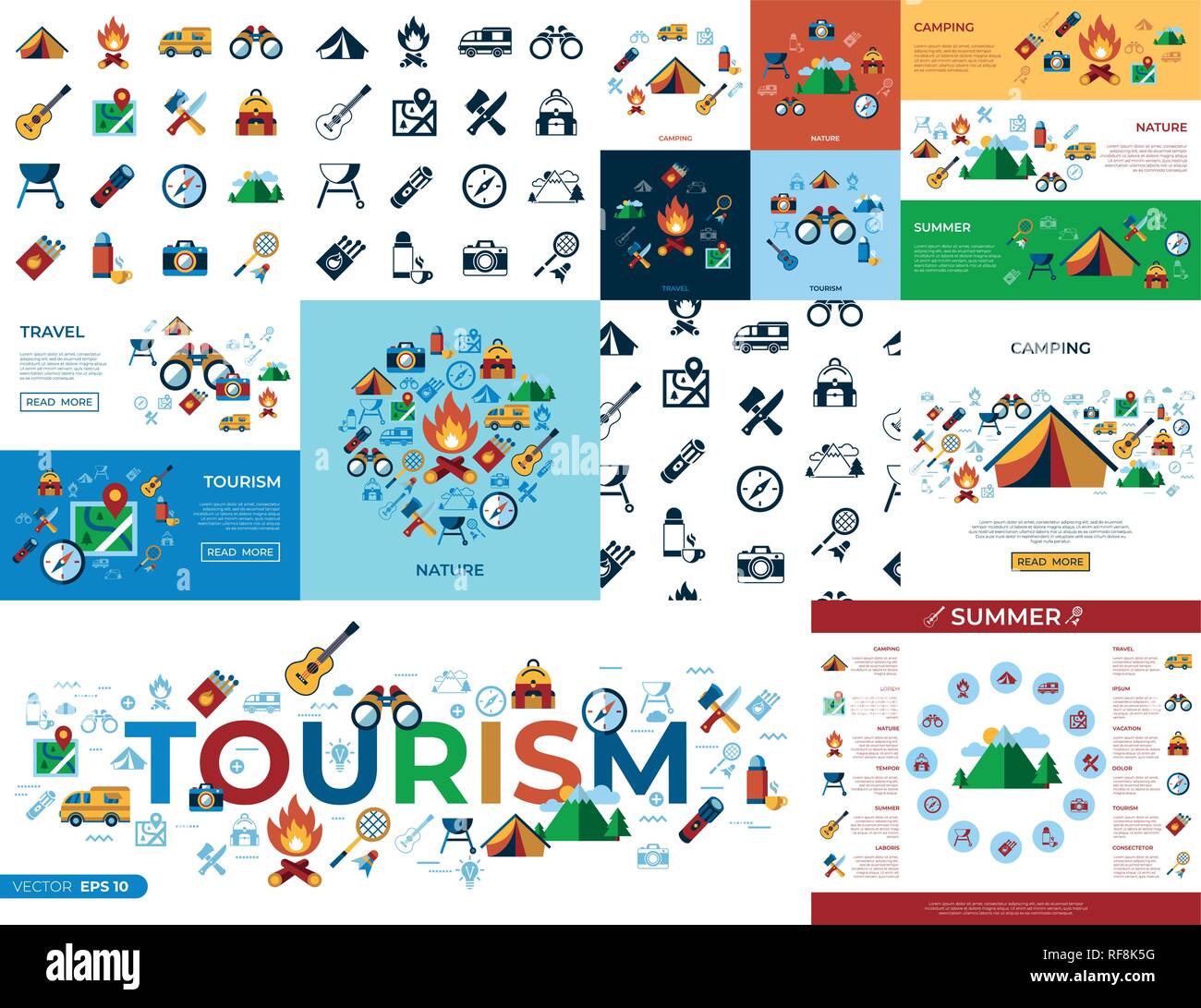 Digital vector summer camping sport activities simple icons set ...