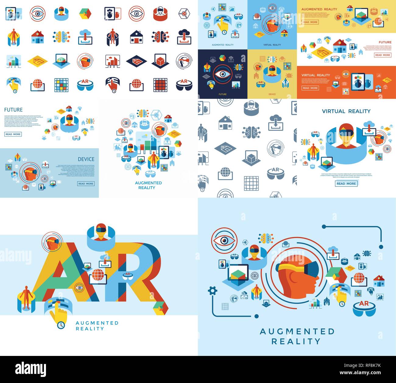 Digital vector augmented and virtual reality icons set infographics ...