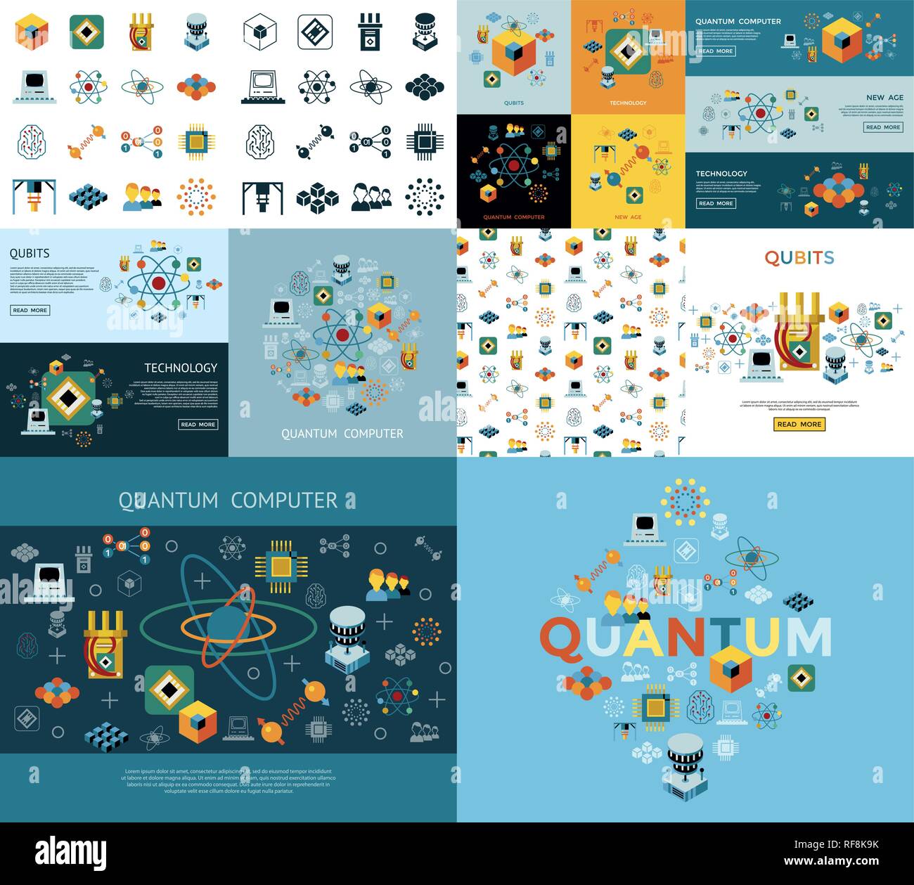 Digital vector quantum computing and qubits icon set pack illustration ...