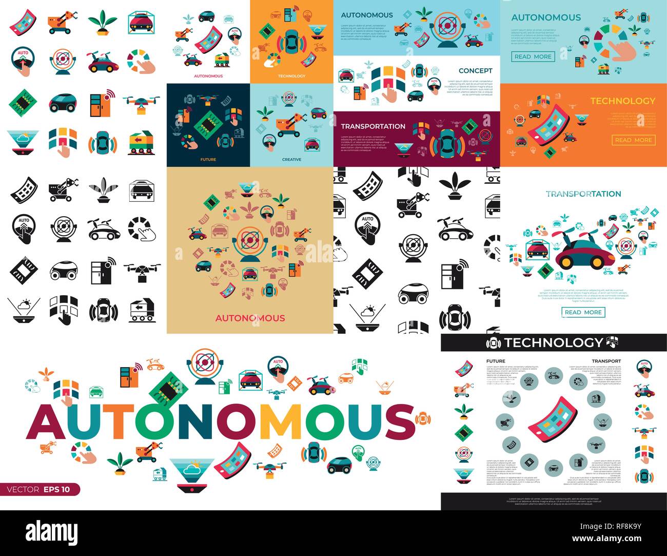 Digital vector autonomous transportation technology icons set ...