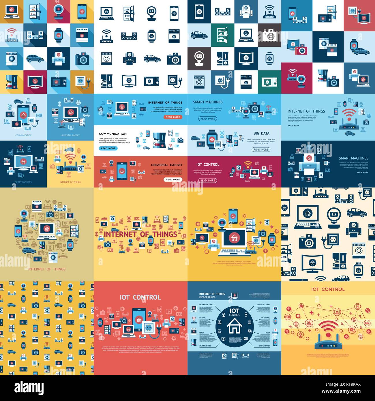 Digital smart flying internet of things concept objects color simple ...