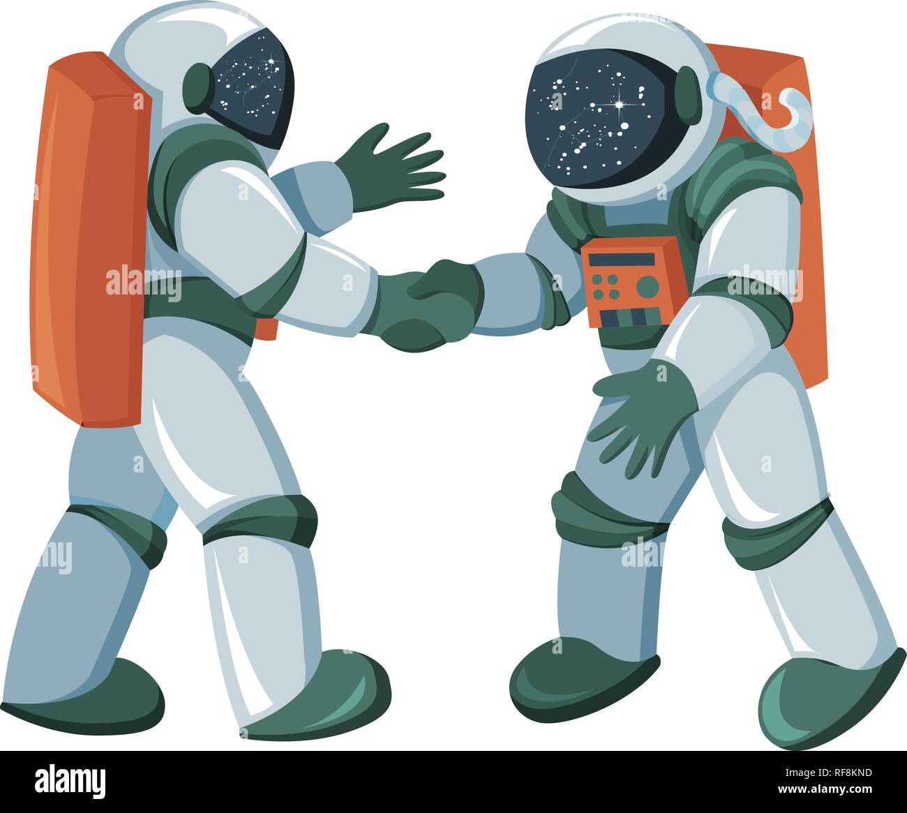 Cartoon astronauts meeting and handshake in space isolated on white ...