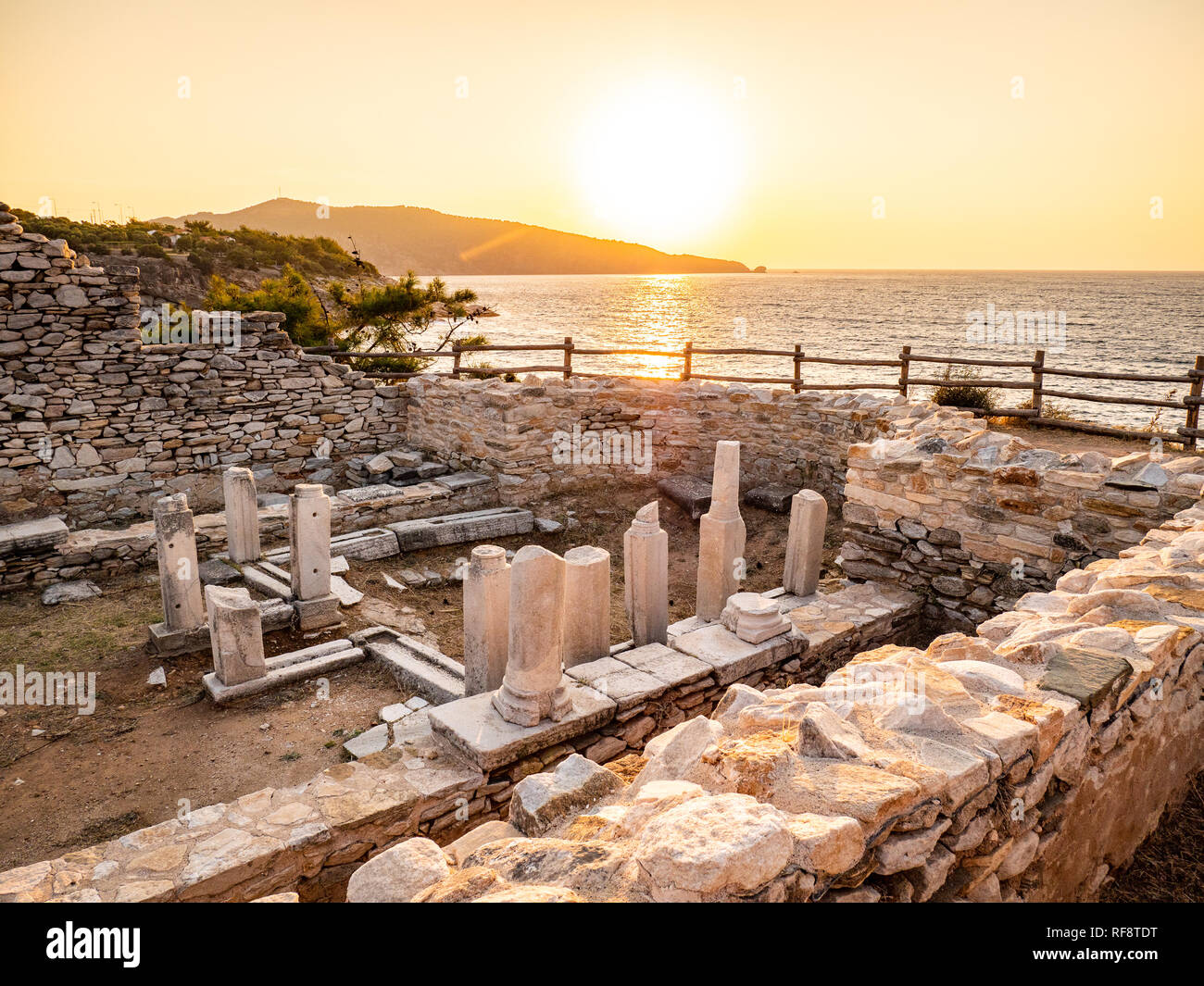 Ancient ruins at Aliki marble quarry in sunrise light, Thassos, Greece ...