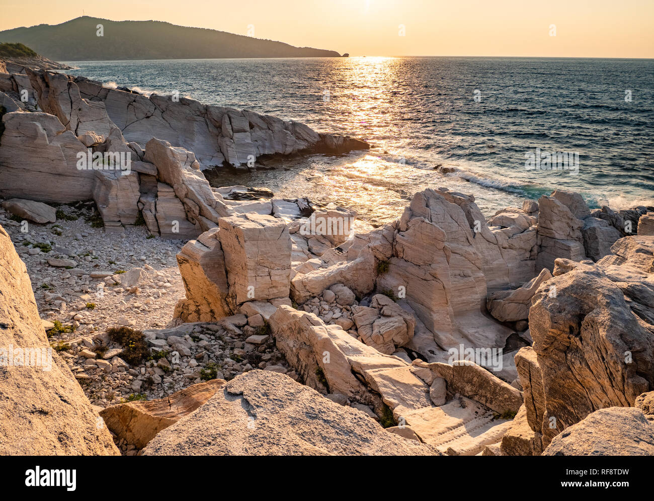 Ancient ruins of the marble port and quarry Aliki in Thasos, Greece ...
