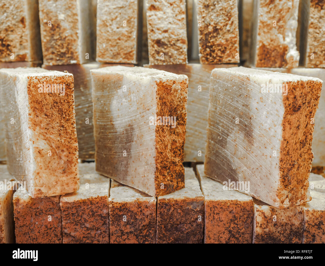 Bars of soap on a shop window. Cedar soap with natural cedar oil and ...