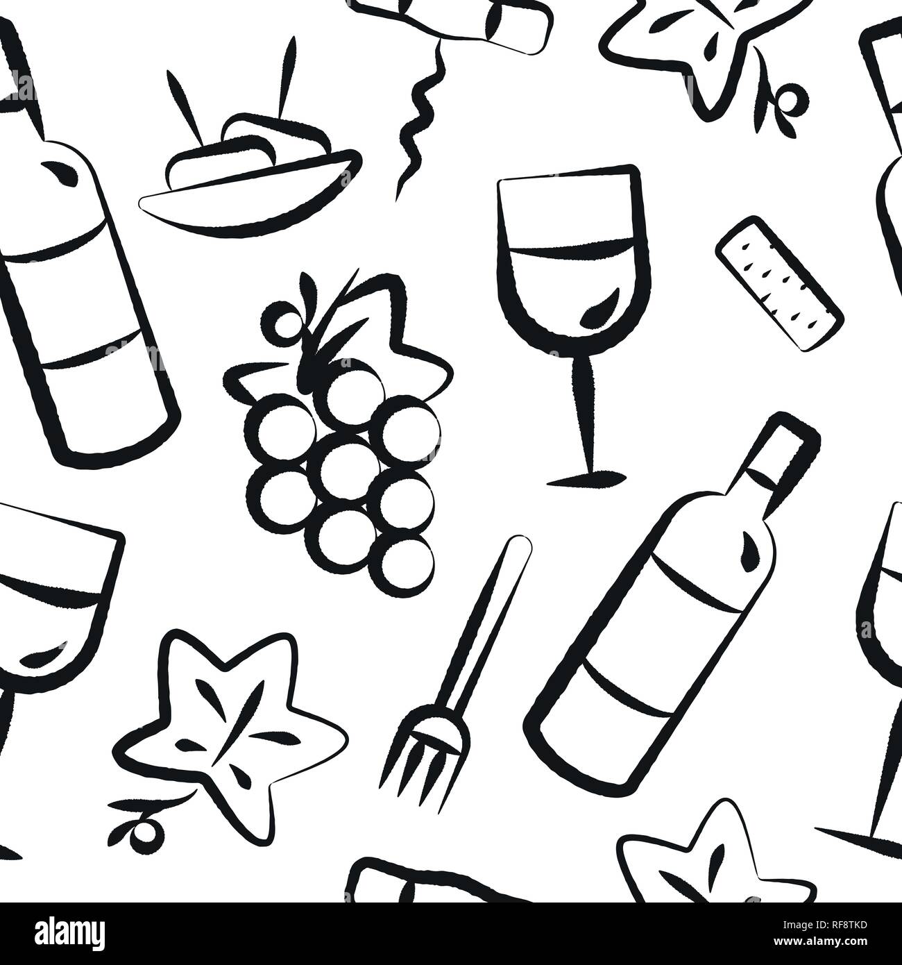 background seamless pattern with wine and appetizer food icons. Icons ...
