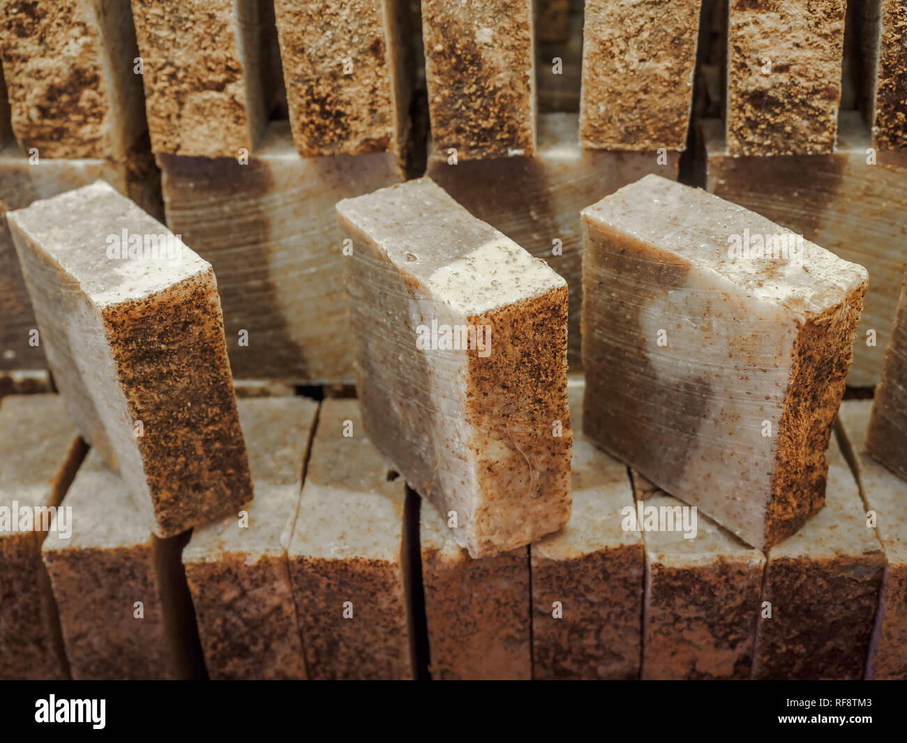 Bars of soap on a shop window. Cedar soap with natural cedar oil and ...
