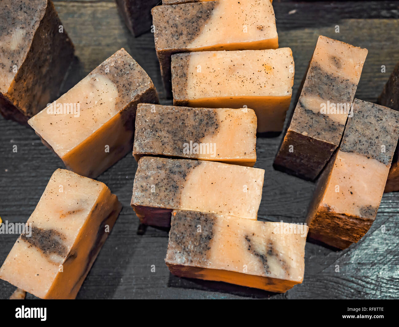 Bars of soap on a shop window. Tar soap with natural cedar oil ...