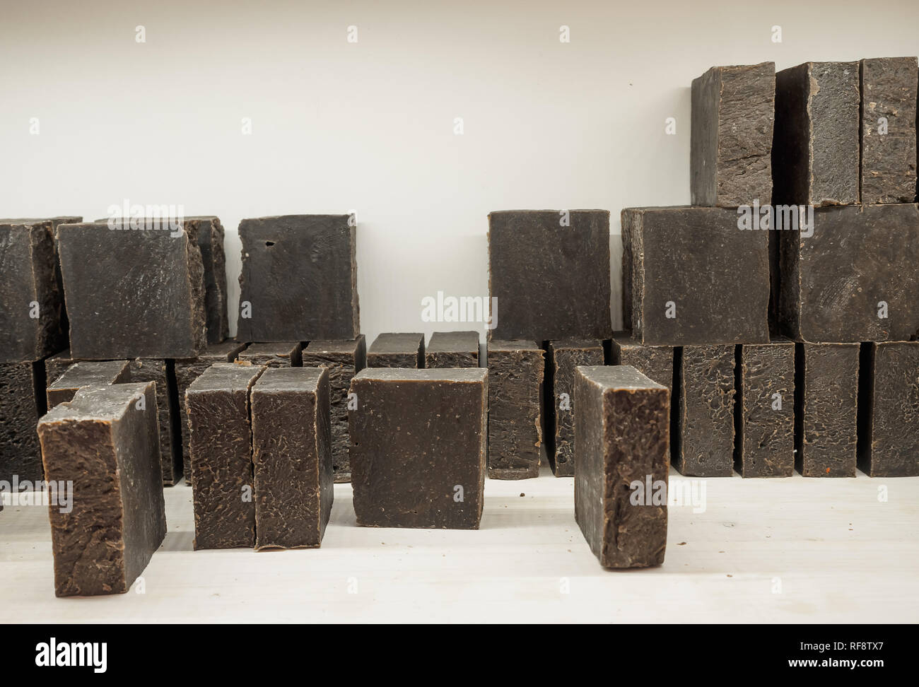 Bars of soap on a shop window. Tar soap with natural cedar oil ...