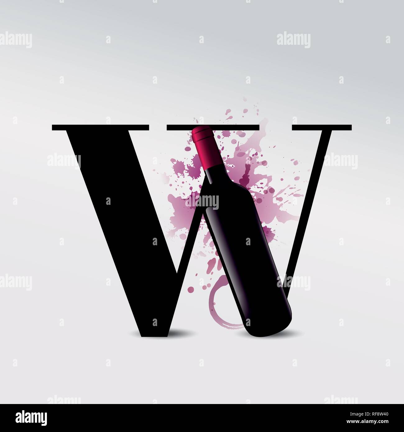 Concept with letter W and illustration of wine bottle. background spots ...