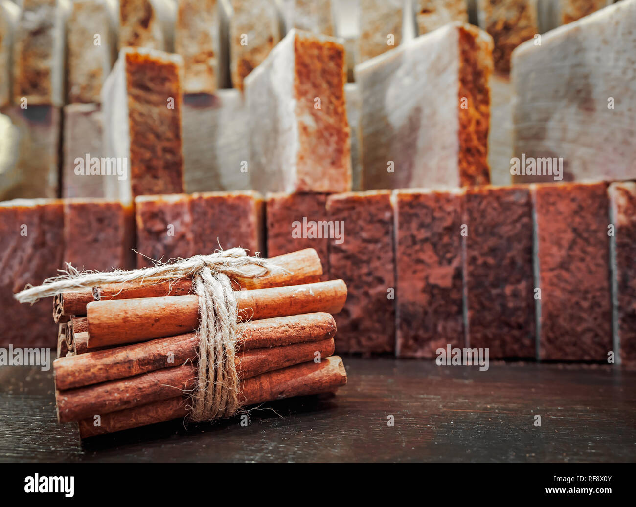 Bars of soap on a shop window. Cedar soap with natural cedar oil and ...