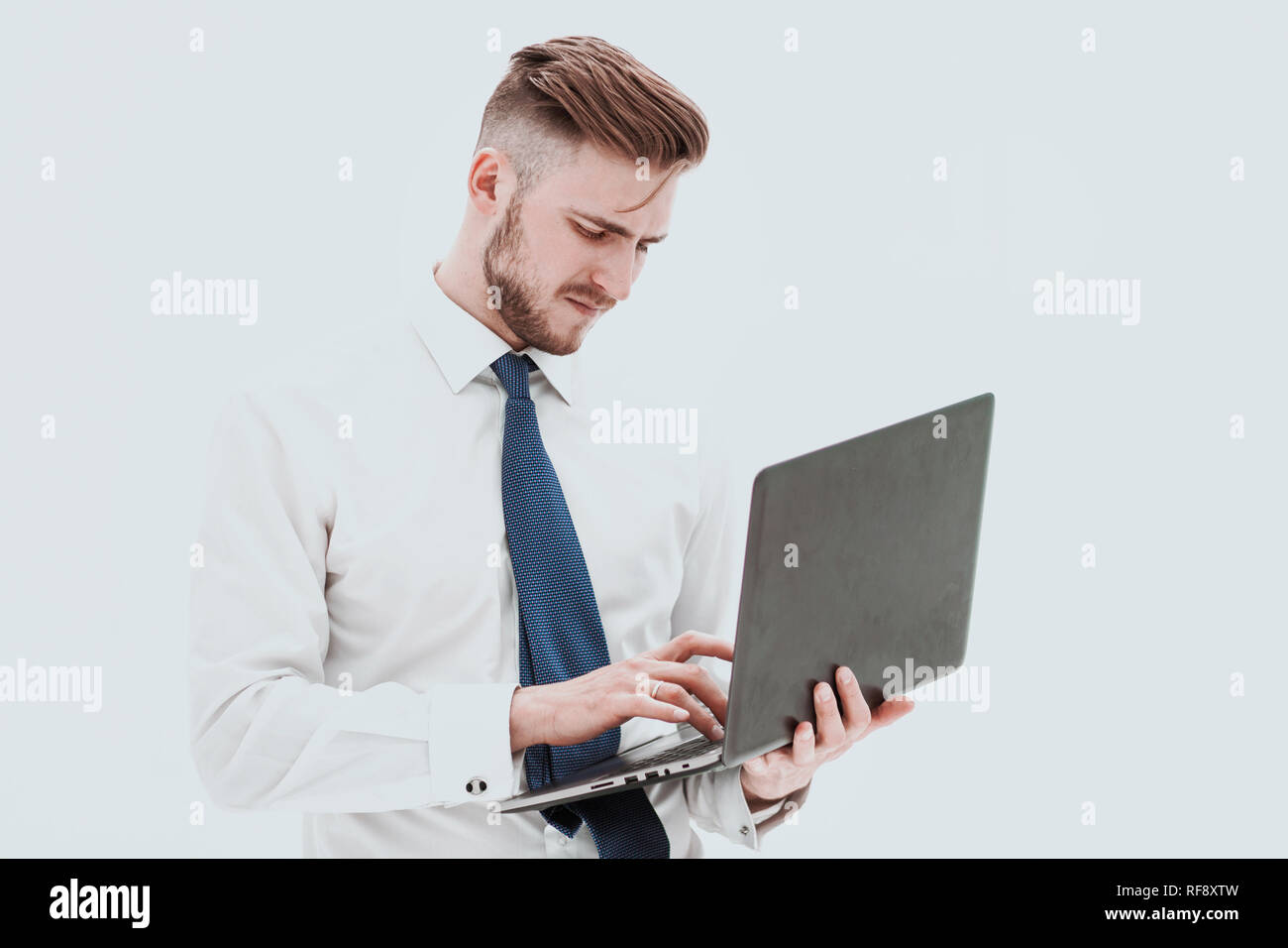 close up.businessman in white shirt using laptop Stock Photo - Alamy