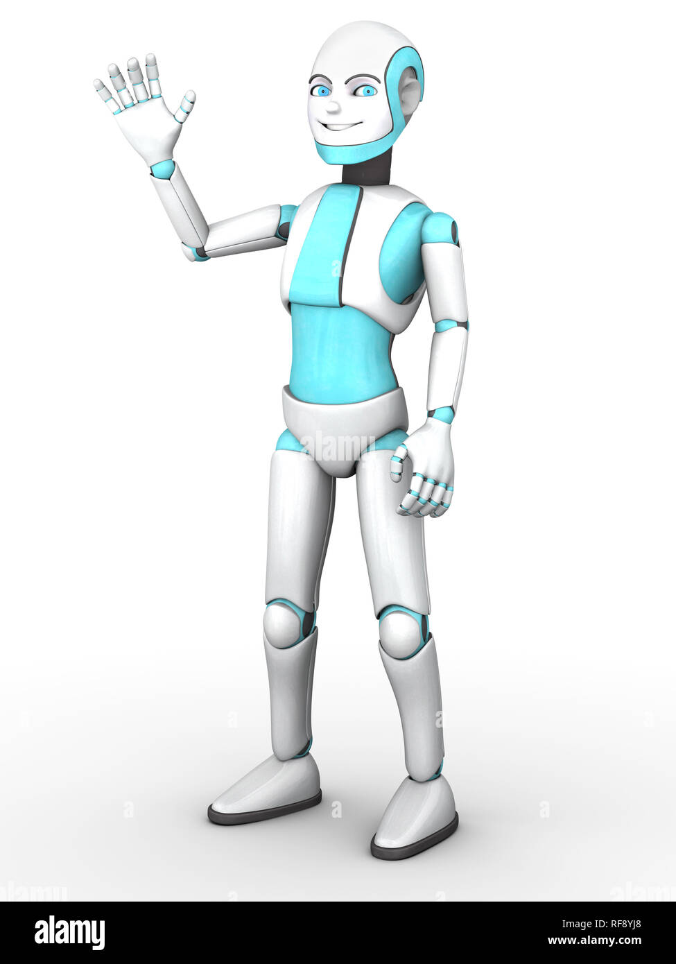 A cartoon robot boy smiling and waving his hand. White background Stock ...