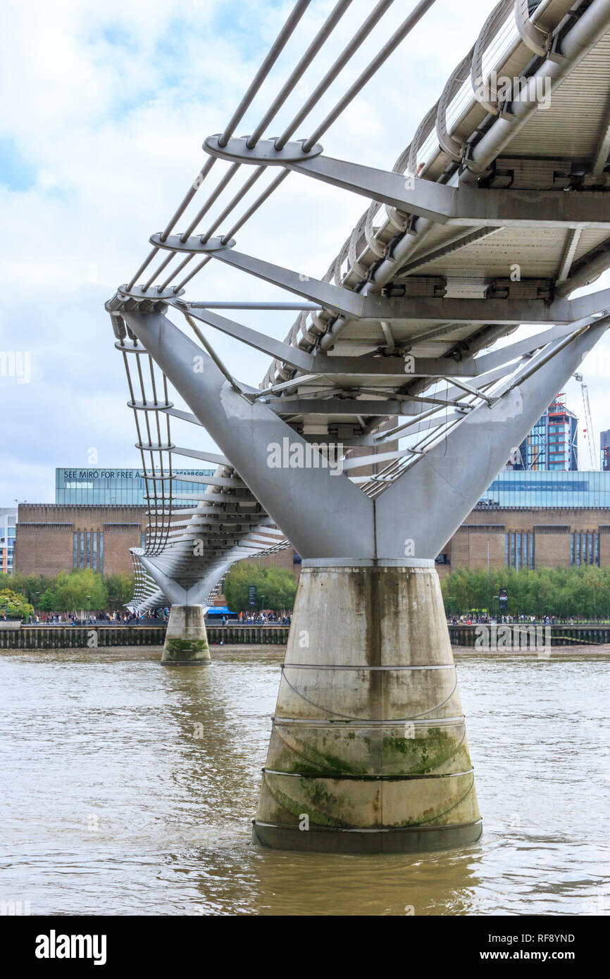 The Millennium Bridge viewed from below, looking South to Bankside and ...