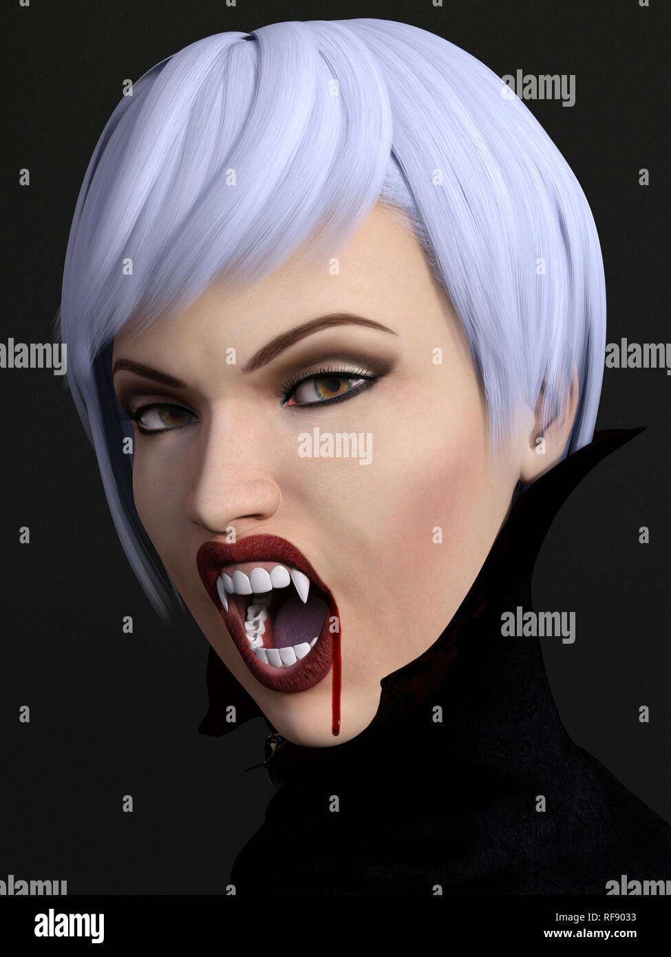 A portrait of a female vampire showing her fangs. Blood is dripping ...