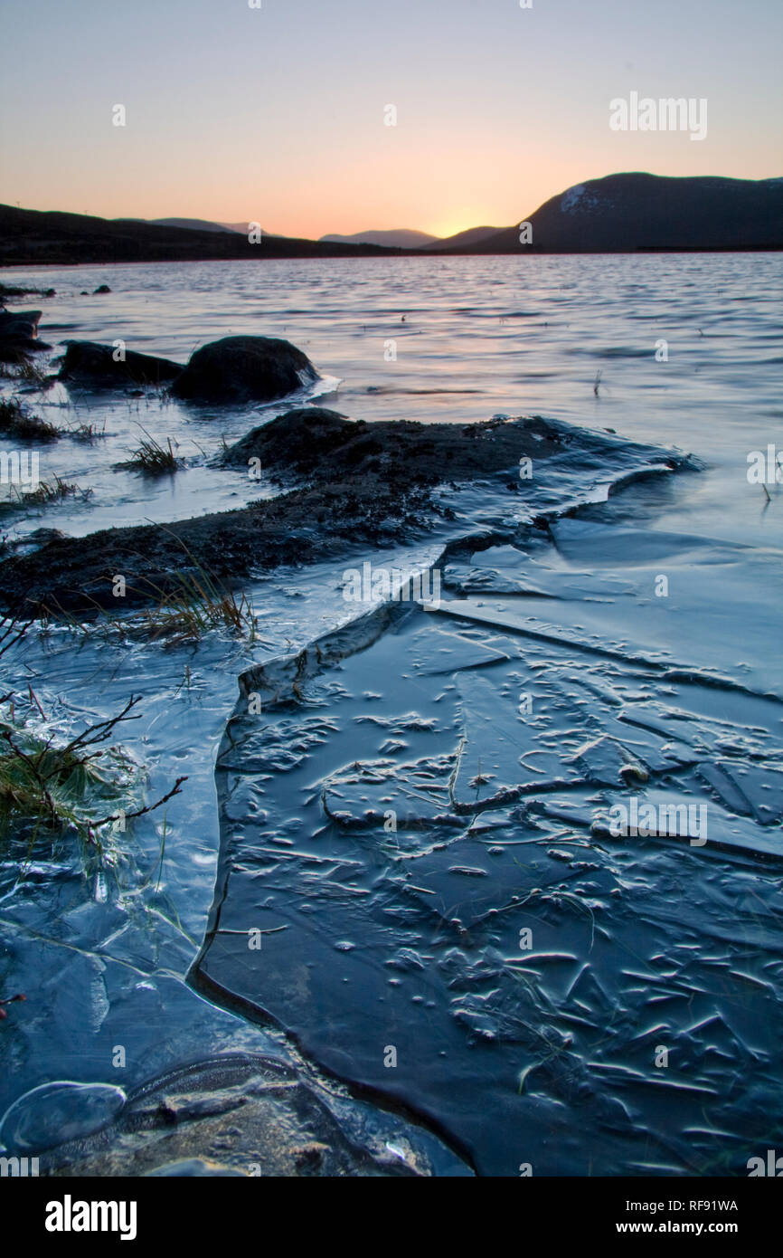 Frozen ice patterns, Loch Droma, Inverpolly, NW Highlands, Scotland ...
