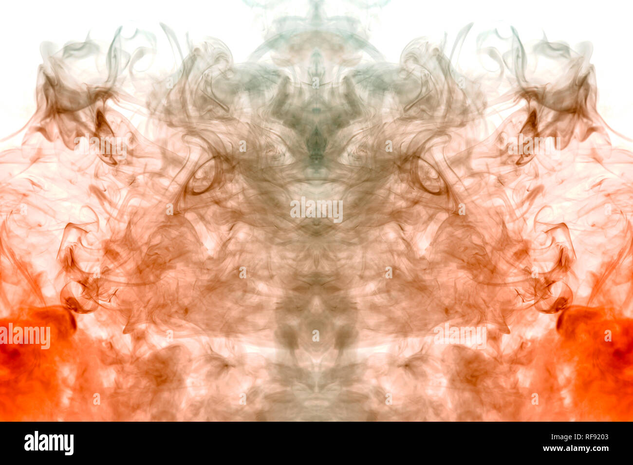 Rising flames from clubs of gray smoke on a white background depicting ...