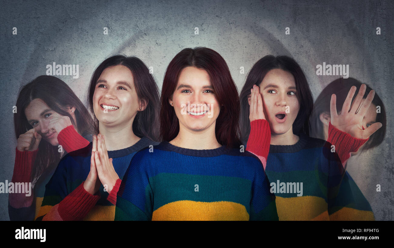 Young woman suffer split emotions into five different inner ...