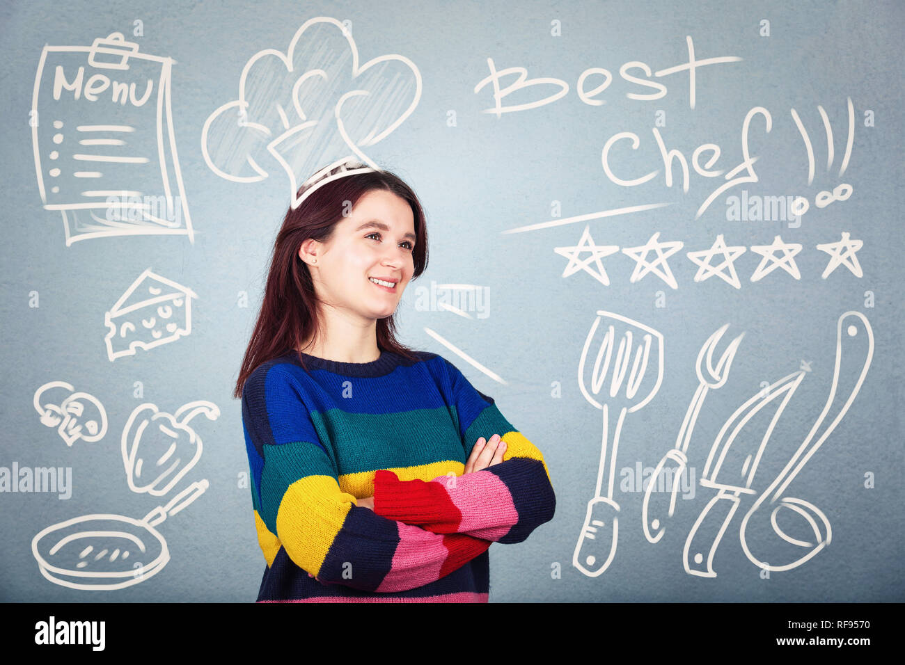 Cheerful confident young woman hands crossed pensive looking away ...