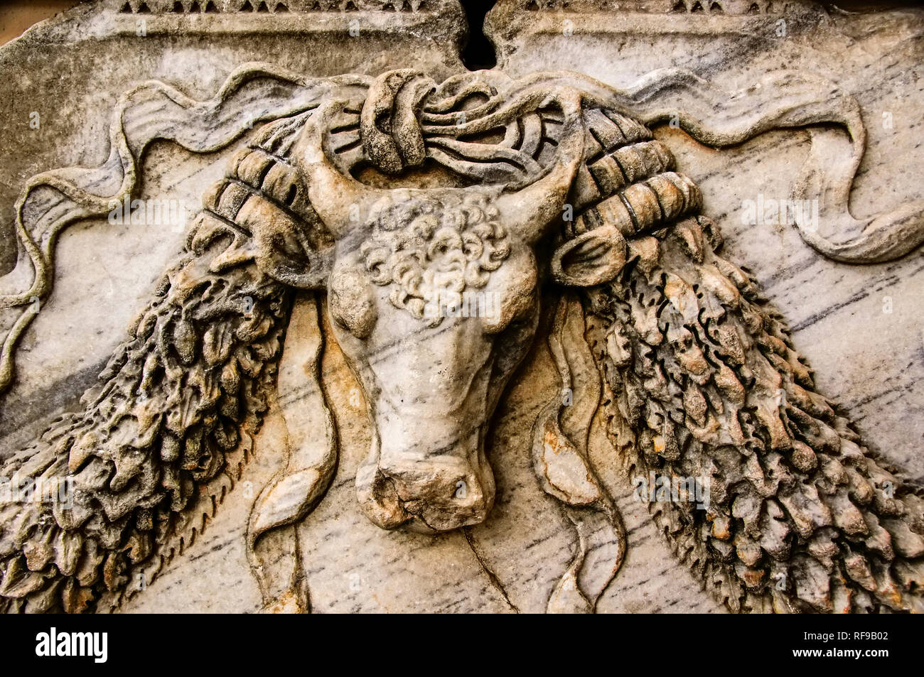 Head of a bull on a sarcophagus. Ephesus Archaeological Museum, Selçuk ...