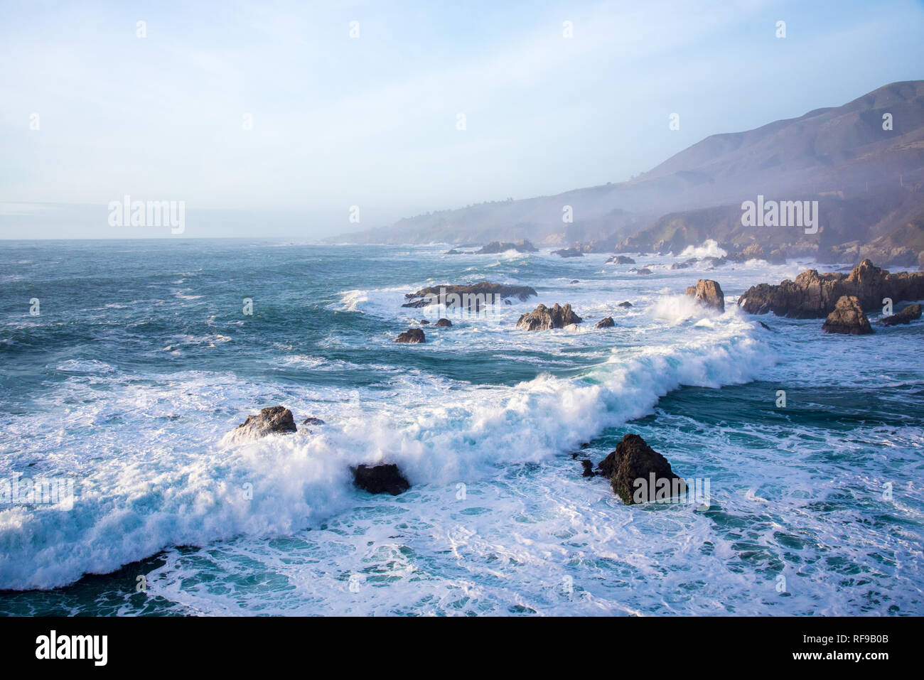 Crashing waves and rocky shores of the Monterey Peninsula Stock Photo ...