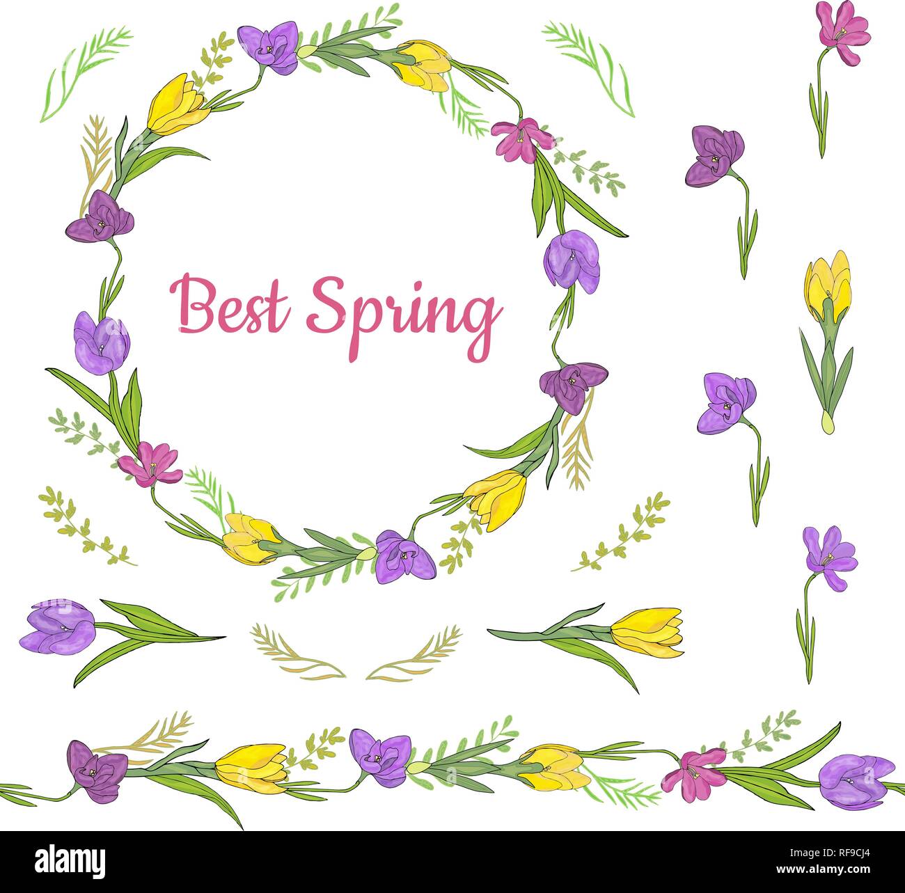 Colorful wreath from beautiful crocuses and herbs. Endless horizontal ...
